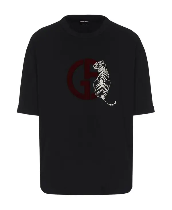Giorgio Armani Embroidered Tiger Logo T-shirt - Black