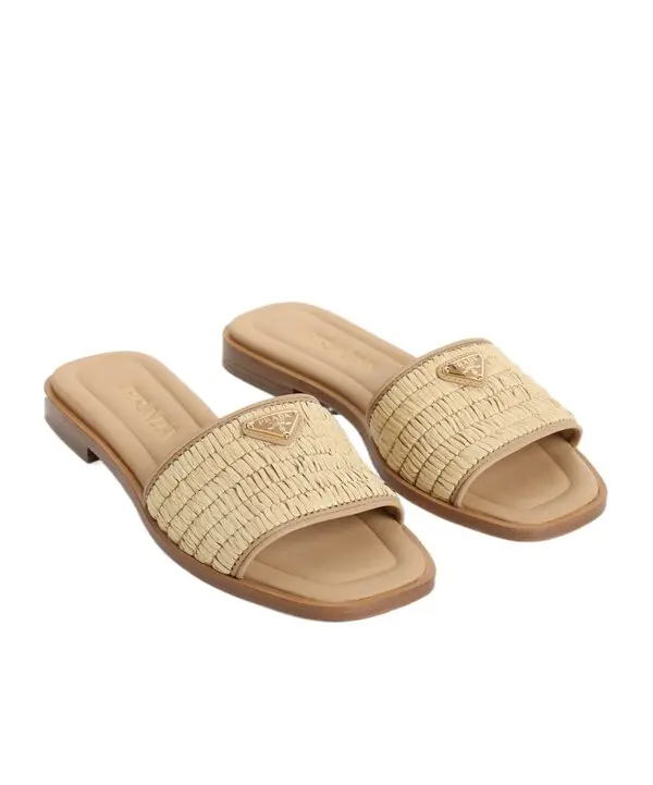 Prada Square Toe Logo Plaque Raffia Sandals