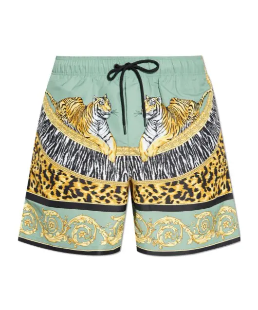 Versace Tiger Print Drawstring Swim Shorts - Green