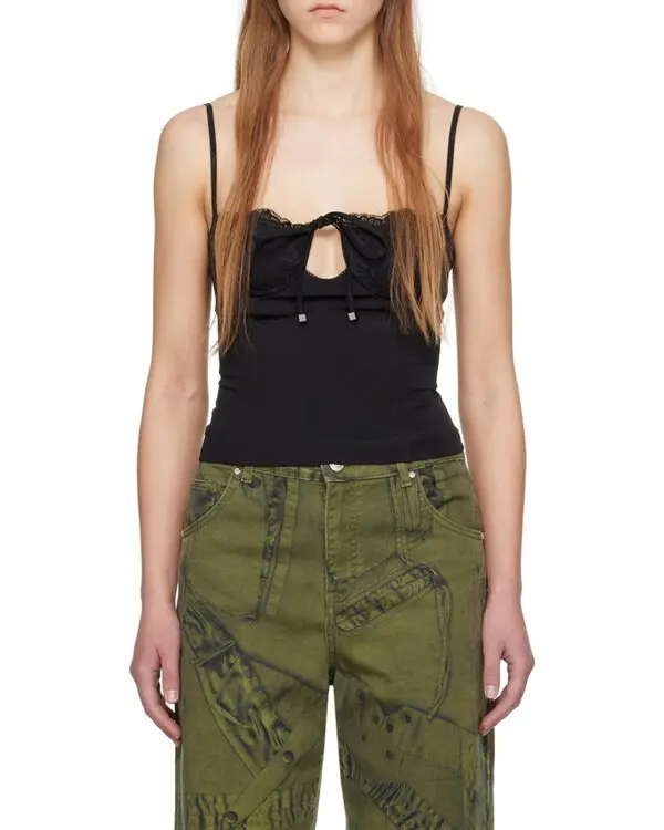 Blumarine Spaghetti Strap Lace Trimmed Tank Top - Black