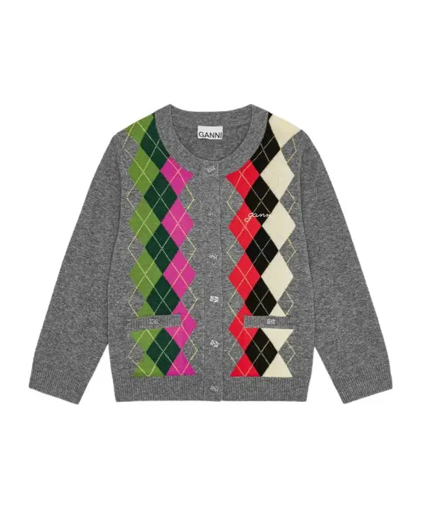 GANNI Crewneck Checked Cardigan - Grey