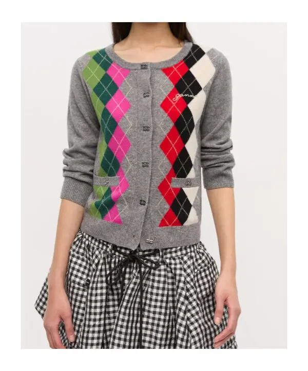 GANNI Crewneck Checked Cardigan - Grey
