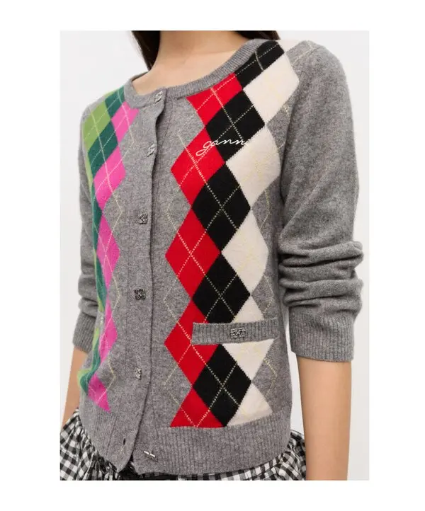 GANNI Crewneck Checked Cardigan - Grey