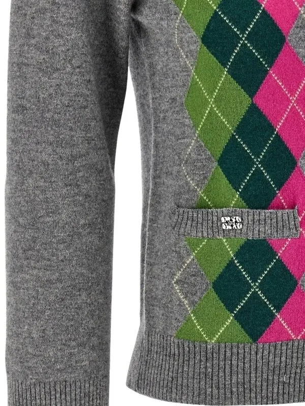 GANNI Crewneck Checked Cardigan - Grey