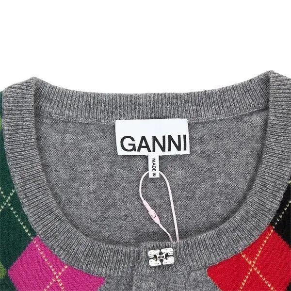 GANNI Crewneck Checked Cardigan - Grey