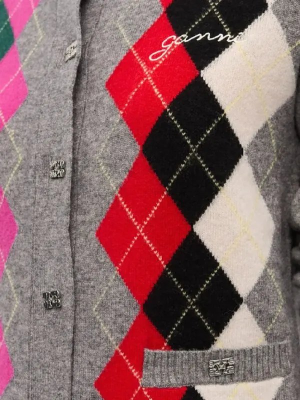 GANNI Crewneck Checked Cardigan - Grey