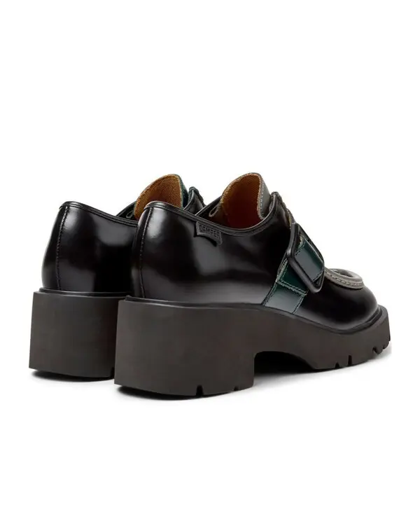 Camper Round Toe Chunky Heel Loafers With Buckle Detail - Black