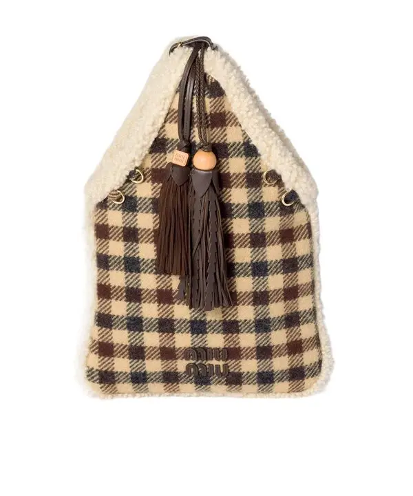 Miu Miu Gingham And Shearling Handbag - Camel/blue
