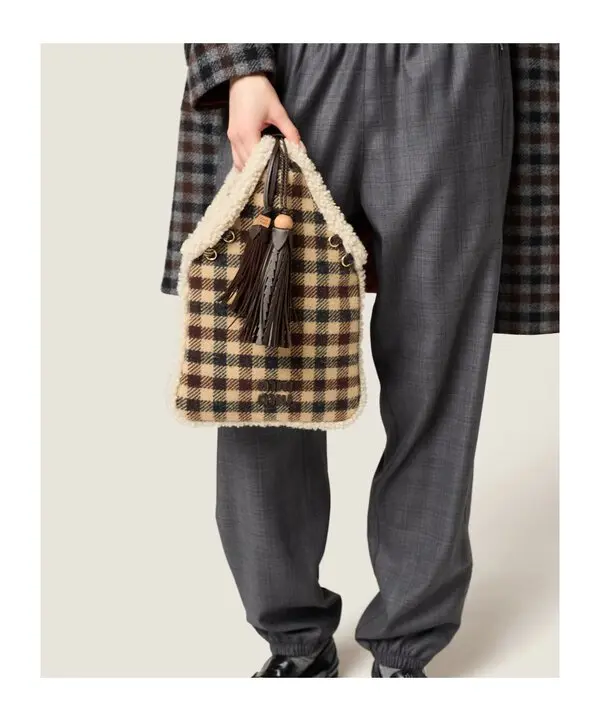 Miu Miu Gingham And Shearling Handbag - Camel/blue