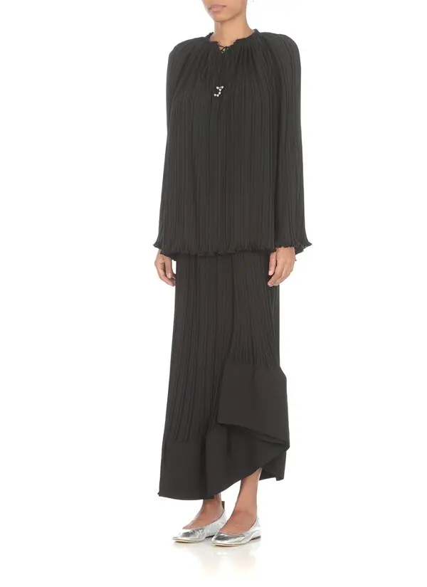 LANVIN Long-sleeved Pleated Blouse With V-neck And Rope Detail - Black