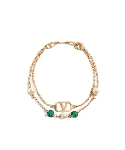 Valentino Garavani Gold-tone Logo Chain Bracelet With Pearl And Malachite Details - Yellow