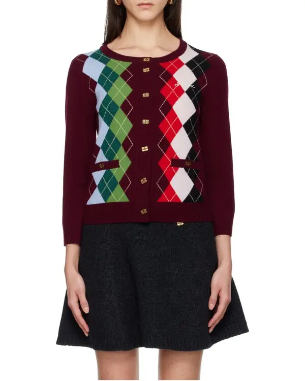 GANNI Crew Neck Argyle Cardigan - Multicolor