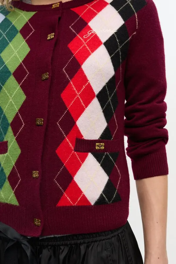 GANNI Crew Neck Argyle Cardigan - Multicolor