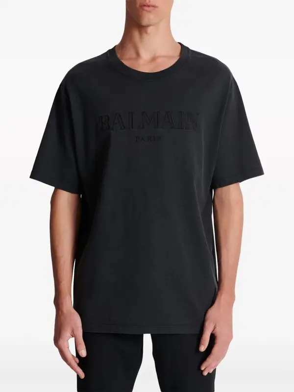 Balmain Logo Embroidered Crewneck T-shirt - Black