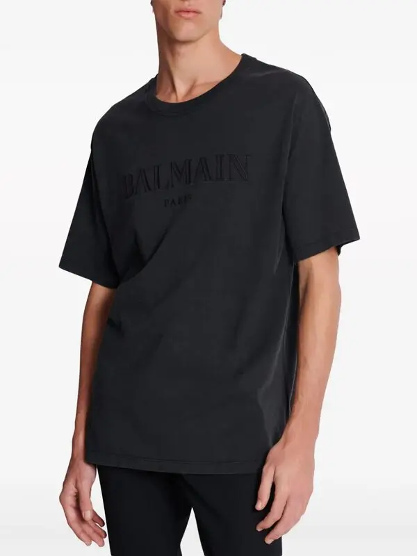 Balmain Logo Embroidered Crewneck T-shirt - Black