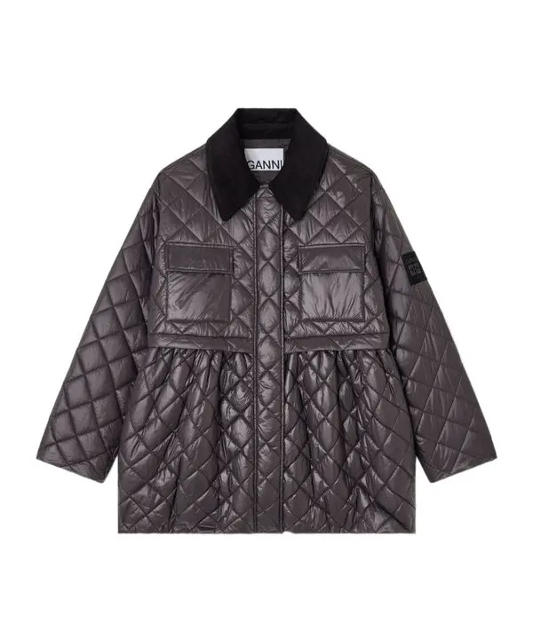 GANNI Quilted Midi Jacket With Lapel Collar - Phantom Black