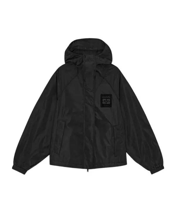 GANNI Hooded Long Sleeve Jacket With Graphic Detail - Black