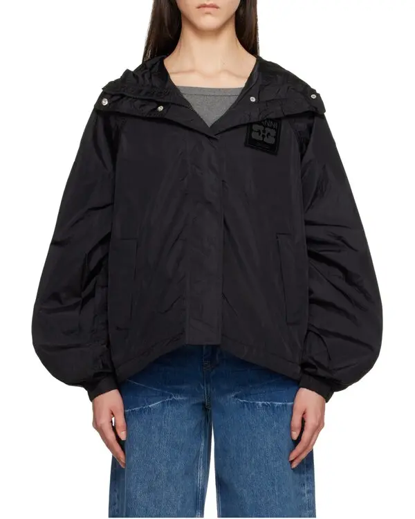 GANNI Hooded Long Sleeve Jacket With Graphic Detail - Black