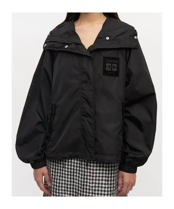 GANNI Hooded Long Sleeve Jacket With Graphic Detail - Black
