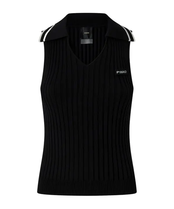 Pinko Sleeveless Ribbed Knit Top With V-neck - Black
