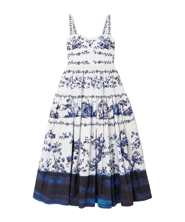 Erdem Layered Floral Print Cotton Poplin Midi Dress