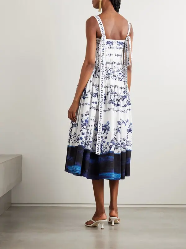 Erdem Layered Floral Print Cotton Poplin Midi Dress
