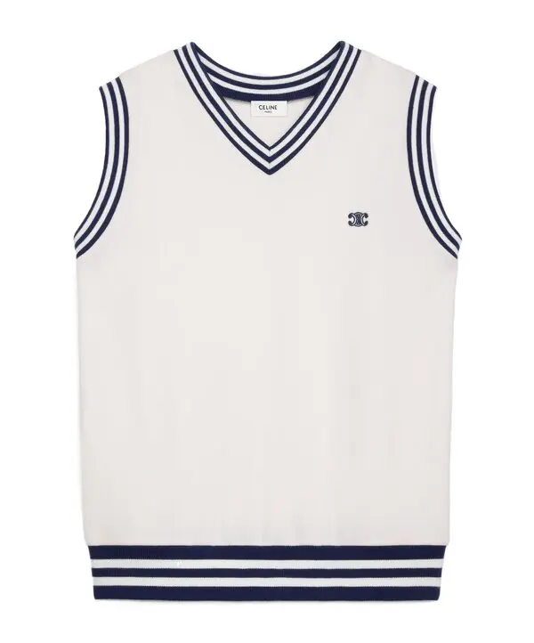Celine Sleeveless Sweatshirt In Cotton Fleece With Triomphe Embroidery - Off-white/navy Blue