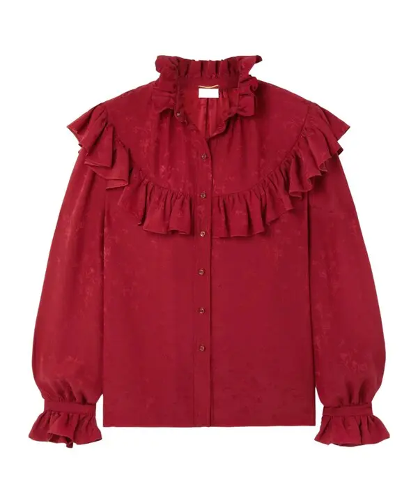 Saint Laurent Stand-collar Ruffled Blouse With Floral Jacquard