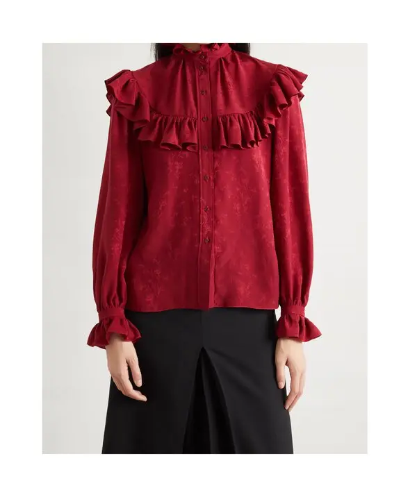 Saint Laurent Stand-collar Ruffled Blouse With Floral Jacquard