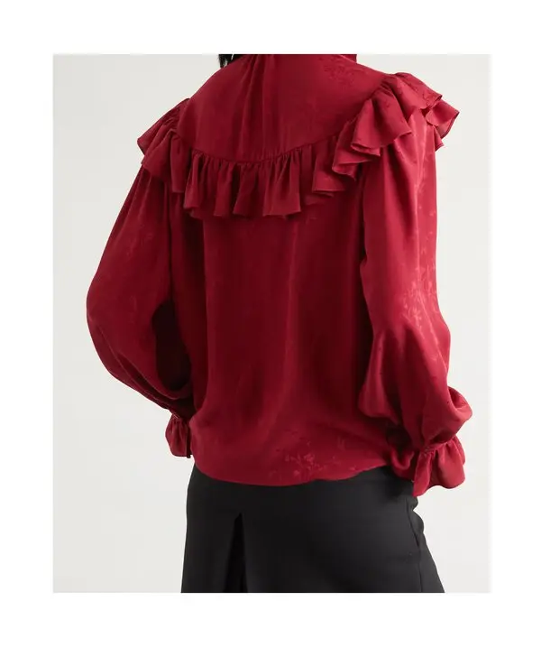 Saint Laurent Stand-collar Ruffled Blouse With Floral Jacquard