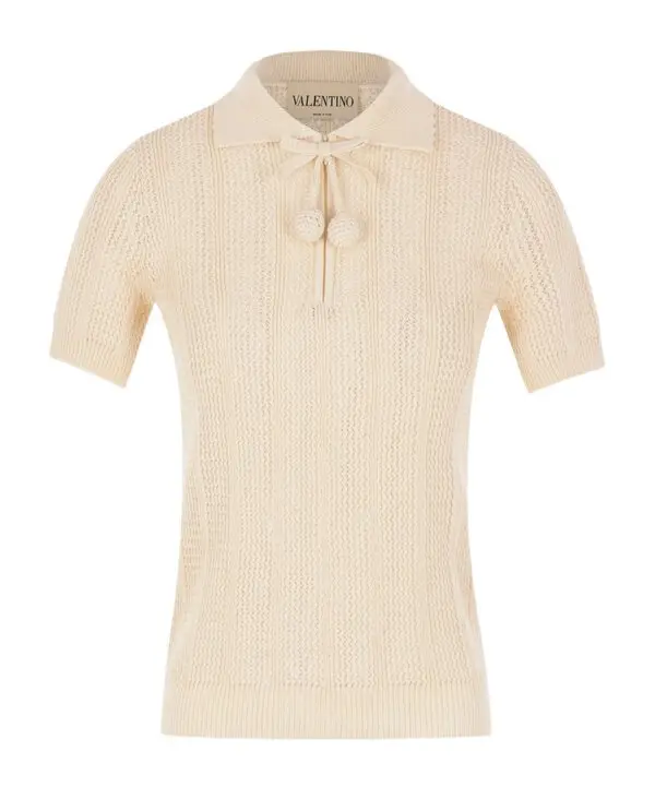 Valentino Garavani Pompom Detailed Knitted Polo Top - Ivory