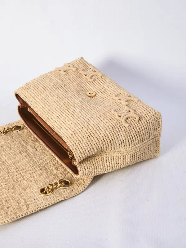 Celine Medium Victoire Bag In Raffia With Triomphe Embroidery - Nude