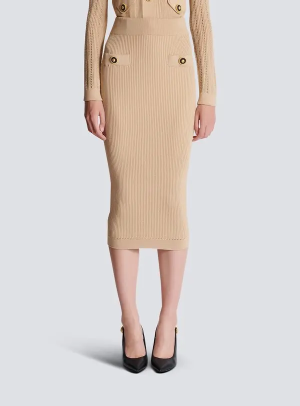 Balmain Ribbed Pencil Skirt With Button Details