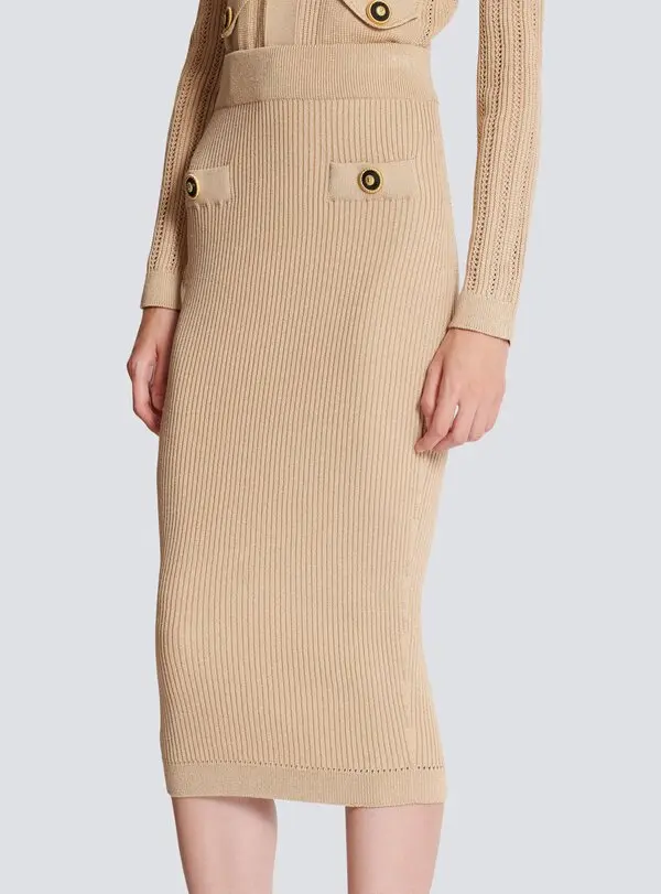 Balmain Ribbed Pencil Skirt With Button Details