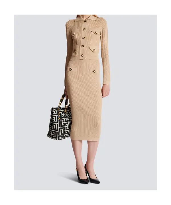 Balmain Ribbed Pencil Skirt With Button Details