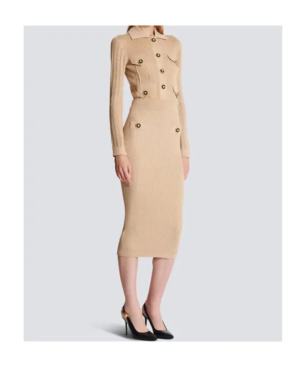 Balmain Ribbed Pencil Skirt With Button Details