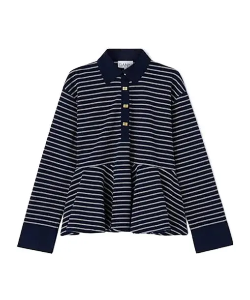 GANNI Striped Peplum Polo T-shirt - Navy Blue