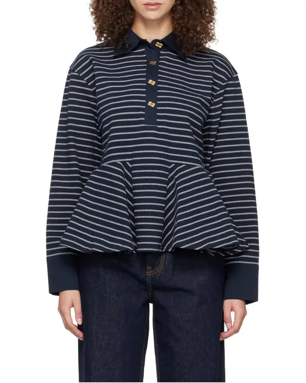 GANNI Striped Peplum Polo T-shirt - Navy Blue