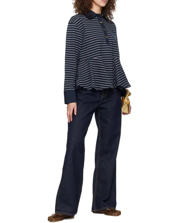 GANNI Striped Peplum Polo T-shirt - Navy Blue