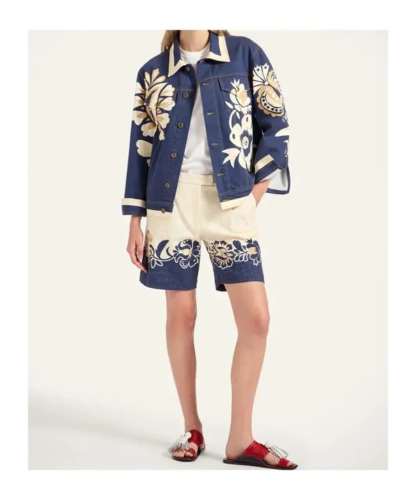 La DoubleJ Floral Print Shot Cotton Bermuda Shorts - Blue