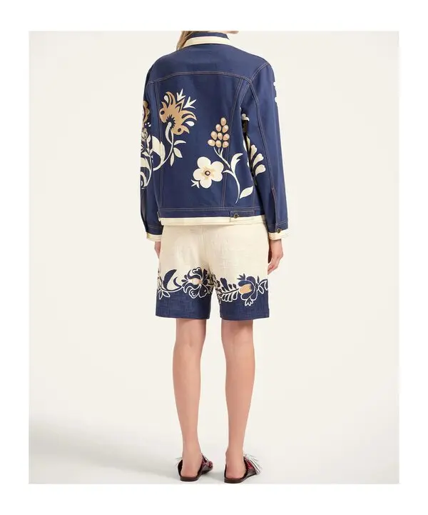 La DoubleJ Floral Print Shot Cotton Bermuda Shorts - Blue