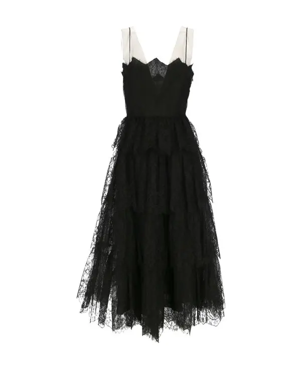 Dior Lace Tiered Midi Dress - Black