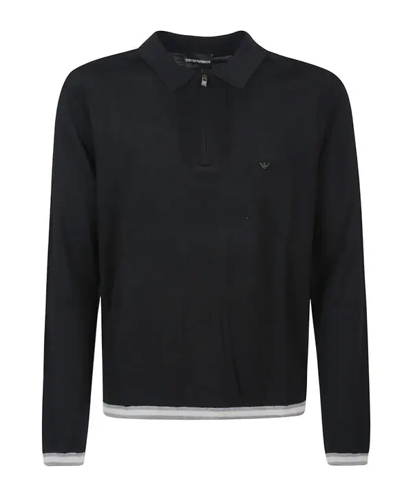 Emporio Armani Logo Embroidered Zip Detailed Polo Shirt - Black