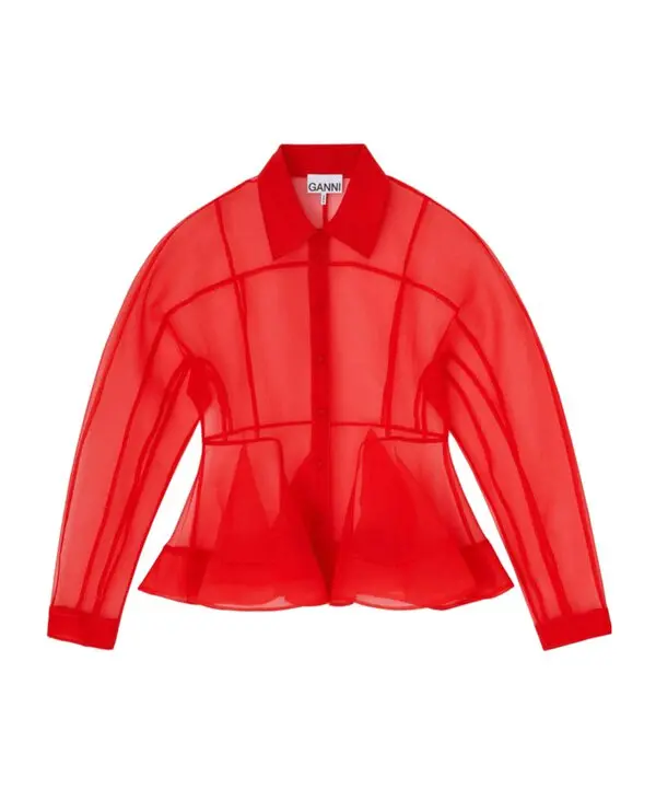 GANNI Sheer Peplum Shirt - Mars Red