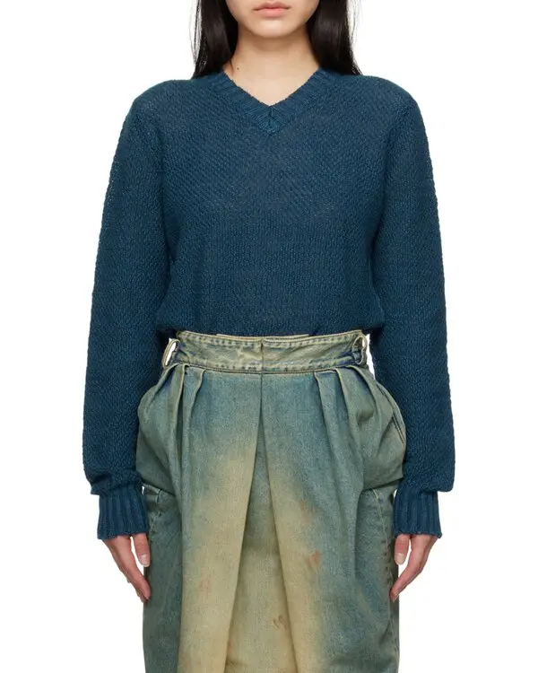 MAISON MARGIELA V-neck Sweater With Ribbed Details - Blue