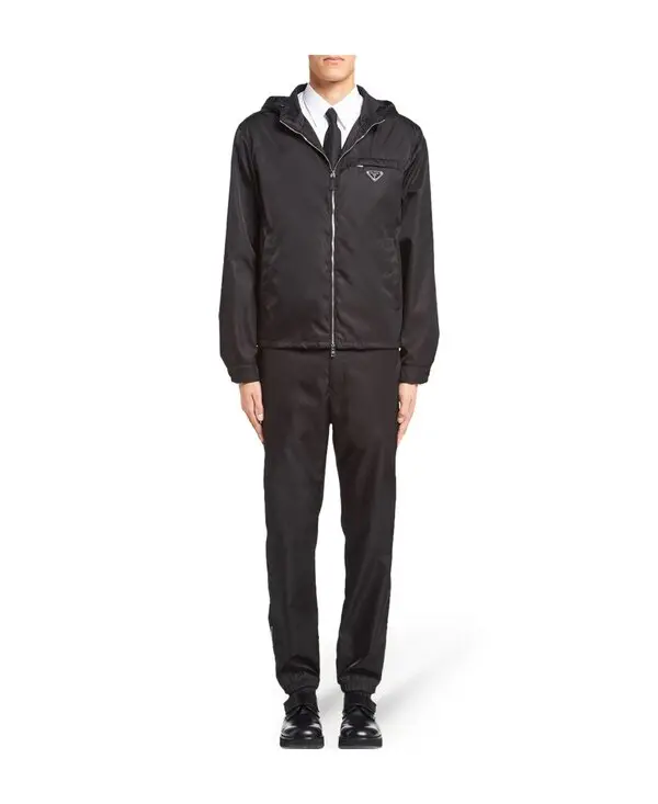 Prada Logo Plaque Zip-up Hooded Jacket - Black