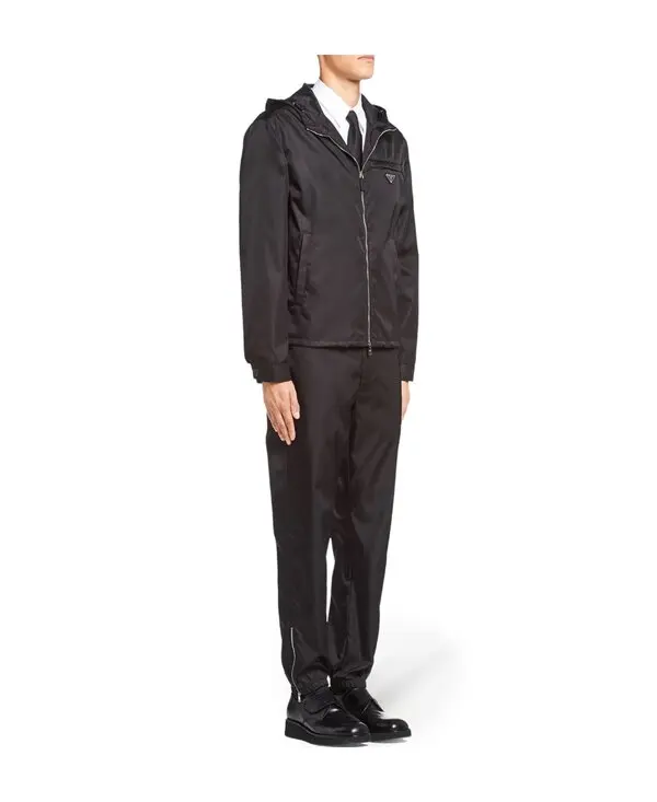 Prada Logo Plaque Zip-up Hooded Jacket - Black