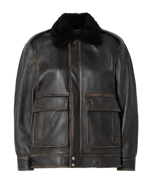 Nour Hammour Distressed Shearling-trimmed Leather Jacket - Black