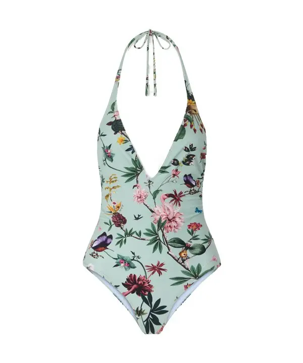 La DoubleJ Floral Print V-neck One Piece Swimsuit - Green