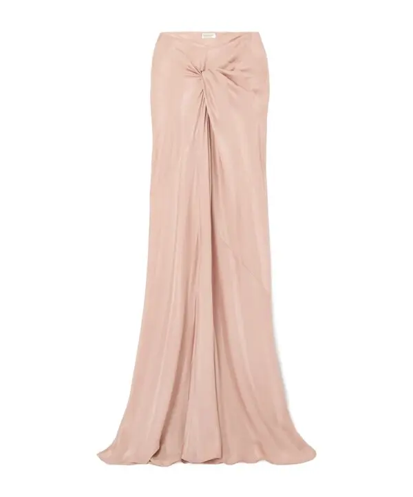 Dries Van Noten Twist-front Gathered Silk-satin Jacquard Maxi Skirt - Nude